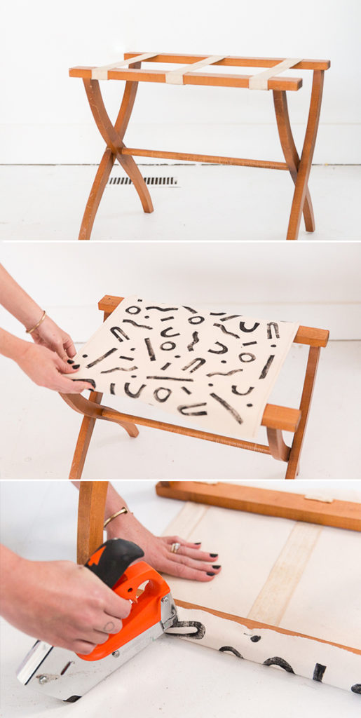 How to Block Print on Fabric + Hand Stamped Canvas DIY Luggage Rack